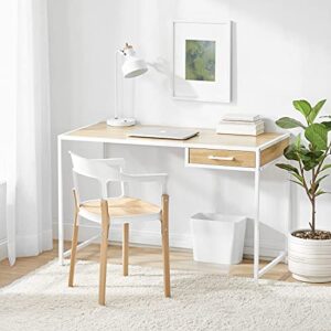 mDesign Metal & Wood Sturdy Home Office Desk with Righthand Drawer - Computer Desk, Home Office Writing, Small Desk, Modern Simple Style PC Table - White Metal Frame/Light Natural Wood Top