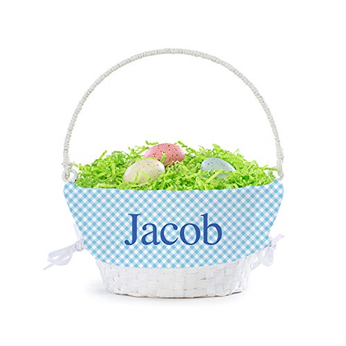 Personalized Easter Egg Basket with Handle and Custom Name | Blue Gingham Easter Basket Liners | White Basket | Woven Easter Baskets for Kids and Adults | Customized Easter Basket | Gift for Easter