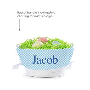 Personalized Easter Egg Basket with Handle and Custom Name | Blue Gingham Easter Basket Liners | White Basket | Woven Easter Baskets for Kids and Adults | Customized Easter Basket | Gift for Easter