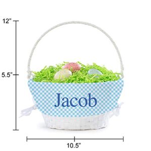 Personalized Easter Egg Basket with Handle and Custom Name | Blue Gingham Easter Basket Liners | White Basket | Woven Easter Baskets for Kids and Adults | Customized Easter Basket | Gift for Easter