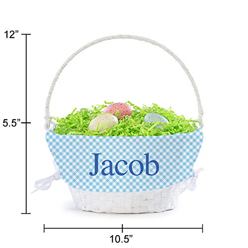 Personalized Easter Egg Basket with Handle and Custom Name | Blue Gingham Easter Basket Liners | White Basket | Woven Easter Baskets for Kids and Adults | Customized Easter Basket | Gift for Easter