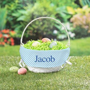 Personalized Easter Egg Basket with Handle and Custom Name | Blue Gingham Easter Basket Liners | White Basket | Woven Easter Baskets for Kids and Adults | Customized Easter Basket | Gift for Easter