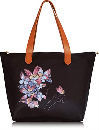 Work Tote bag with Zipper Butterfly bag Shoulder bag Handbag for Women Waterproof Nylon Travel, School, Gifts Y2K Aesthetic (black)