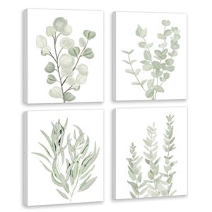 framed botanical plant canvas wall art | boho plant wall decor for bedroom | minimalist floral prints for living room | light green botanical art painting for office | eucalyptus leaf picture | set of 4 | 8”x 10”