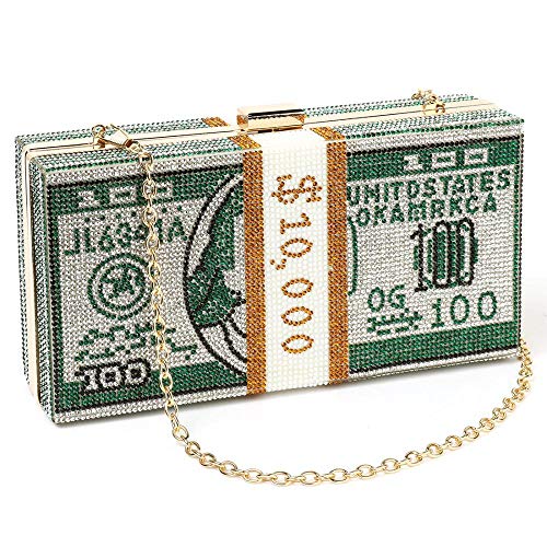 Clutch Purse for Women Cash Money Purse Rhinestone Handbags Evening Clutch Box Bag with Detachable Chain Strap (Green)