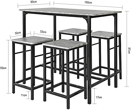 Haotian OGT11-HG, 5 Piece Dining Set, Dining Table with 4 Stools, Home Kitchen Breakfast Table, Bar Table Set, Bar Table with 4 Bar Stools, Kitchen Counter with Bar Chairs (Grey)