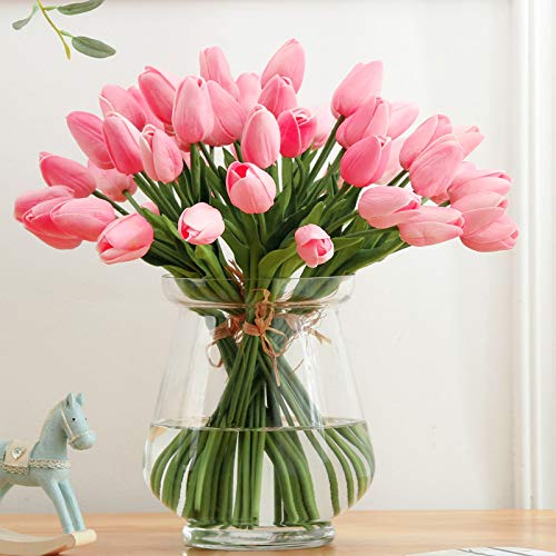 30pcs Real Touch Tulips PU Artificial Flowers, Fake Tulips Flowers for Arrangement Wedding Party Easter Spring Home Dining Room Office Decoration. (Pink, 14" Tall)