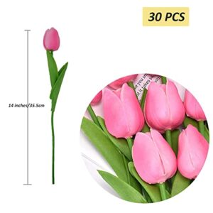 30pcs Real Touch Tulips PU Artificial Flowers, Fake Tulips Flowers for Arrangement Wedding Party Easter Spring Home Dining Room Office Decoration. (Pink, 14" Tall)