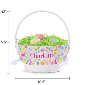 Bunny Flower Pattern Personalized Easter Egg Basket with Handle and Custom Name | Pink Easter Basket Liners | White Basket | Woven Easter Baskets for Kids | Customized Easter Basket | Gift for Easter