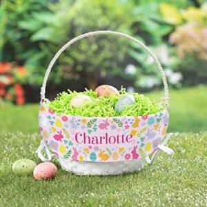 Bunny Flower Pattern Personalized Easter Egg Basket with Handle and Custom Name | Pink Easter Basket Liners | White Basket | Woven Easter Baskets for Kids | Customized Easter Basket | Gift for Easter