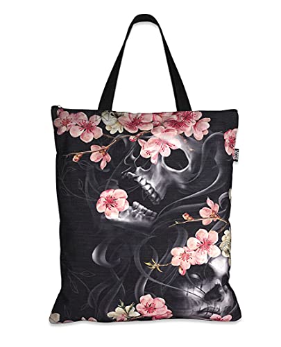 Liquorbrand Sakura Cherry Blossoms and Skull Tote Bag 17 x 18" Canvas Shopping Shopper with Zipper