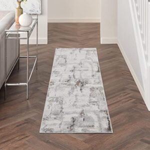 Nourison Elation Abstract Grey Ivory 2'3" x 7'6" Area -Rug, Easy -Cleaning, Non Shedding, Bed Room, Living Room, Dining Room, Kitchen (2x7)