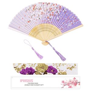 ipihsius folding fan, slik folding hand fan with first layer bamboo, with storage bag, 2pcs tassels, for cooling, performances, decorations, gifts, classic ink plum gradient violet