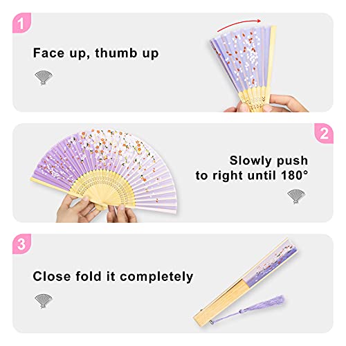 iPihsius Folding Fan, Slik Folding Hand fan with First Layer Bamboo, with Storage Bag, 2Pcs Tassels, For Cooling, Performances, Decorations, Gifts, Classic Ink Plum Gradient Violet