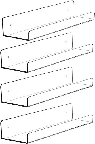 15 inch Clear Acrylic Floating Wall Ledge Shelf Display,4pcs Wall Mounted Nursery Kids Bookshelf Invisible Spice Rack, Bathroom Storage Shelves Display for Bedroom Office Toy Picture Ledge, 5MM Thick