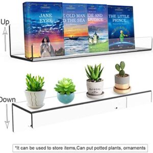 15 inch Clear Acrylic Floating Wall Ledge Shelf Display,4pcs Wall Mounted Nursery Kids Bookshelf Invisible Spice Rack, Bathroom Storage Shelves Display for Bedroom Office Toy Picture Ledge, 5MM Thick