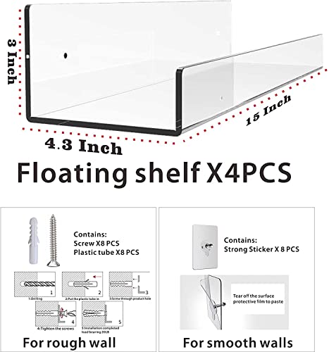 15 inch Clear Acrylic Floating Wall Ledge Shelf Display,4pcs Wall Mounted Nursery Kids Bookshelf Invisible Spice Rack, Bathroom Storage Shelves Display for Bedroom Office Toy Picture Ledge, 5MM Thick