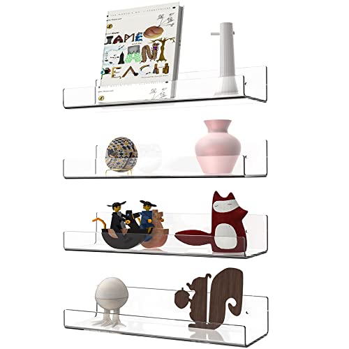 15 inch Clear Acrylic Floating Wall Ledge Shelf Display,4pcs Wall Mounted Nursery Kids Bookshelf Invisible Spice Rack, Bathroom Storage Shelves Display for Bedroom Office Toy Picture Ledge, 5MM Thick