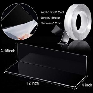 8 Pieces Acrylic Floating Shelves, 12 Inch Acrylic Wall Mounted Hanging Shelf Acrylic Bookshelf with 5 Meters Nano Double Sided Tape for Bedroom, Gaming Room, Living Room, Bathroom, Office (Clear)