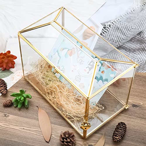 HighFree 10.2" Glass Wedding Card Box with Slot & Lock, Handmade Copper Gold Geometric Terrarium, Clear Display Box for Wedding Reception, Wishwell, Keepsake