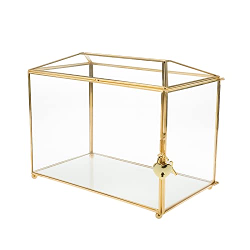 HighFree 10.2" Glass Wedding Card Box with Slot & Lock, Handmade Copper Gold Geometric Terrarium, Clear Display Box for Wedding Reception, Wishwell, Keepsake