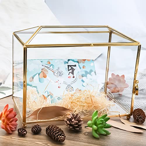 HighFree 10.2" Glass Wedding Card Box with Slot & Lock, Handmade Copper Gold Geometric Terrarium, Clear Display Box for Wedding Reception, Wishwell, Keepsake