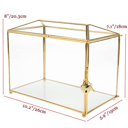 HighFree 10.2" Glass Wedding Card Box with Slot & Lock, Handmade Copper Gold Geometric Terrarium, Clear Display Box for Wedding Reception, Wishwell, Keepsake