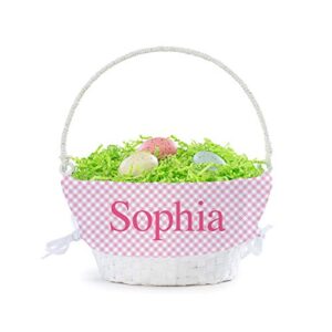 personalized easter egg basket with handle and custom name | pink gingham easter basket liners | white basket | woven easter baskets for kids and adults | customized easter basket | gift for easter