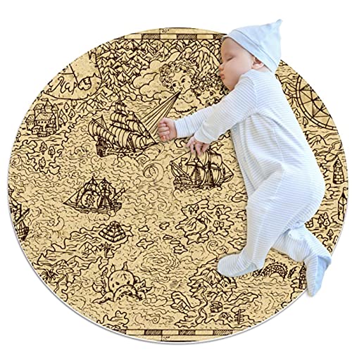 3ft Round Small Area Rug Nautical Map Sailboat Bathroom Rugs Soft Non-Slip Floor Carpet Bedroom Living Room Decorative Machine Washable