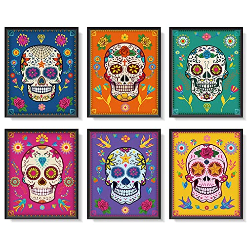 6 Pieces Sugar Skull Wall Art Decorations Day of The Dead Poster Decor Mexican Day of The Dead Fiesta Party Sugar Skull Decor Art Prints for Living Room Bedroom Office Home Wall Decor, 8 x 10 Inch