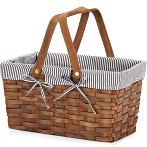 woodchip picnic basket with double folding handles, natural hand woven basket, eggs candy basket for easter, kids toy storage basket, wedding flower girl baskets for valentine day, birthday, grey