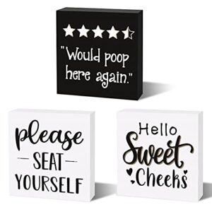 zingoetrie funny bathroom signs(set of 3), farmhouse bathroom wooden wall decor restroom humor sayings freestanding quarter bathroom mini blocks decorations