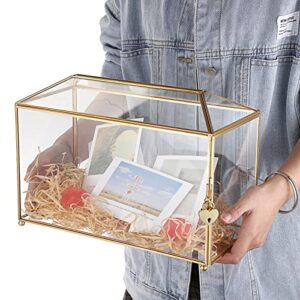 ELLDOO 12.6" Gold Glass Wedding Card Box with Heart Lock, Glass Gift Boxes, House Shape with Feet Clear Terrarium Planter for Wedding Receptions, Centerpiece Decor, Keepsake, Gift Display Box, Large Size