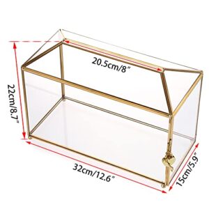 ELLDOO 12.6" Gold Glass Wedding Card Box with Heart Lock, Glass Gift Boxes, House Shape with Feet Clear Terrarium Planter for Wedding Receptions, Centerpiece Decor, Keepsake, Gift Display Box, Large Size