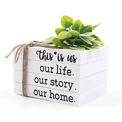 This Is Us Decorative White Books Set Our Life Our Story Our Home Book Stack with Twine Greenery Farmhouse Wooden Books This Is Us Tiered Tray Decor Rustic Home Decorations Coffee Table Books