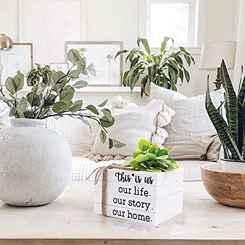 This Is Us Decorative White Books Set Our Life Our Story Our Home Book Stack with Twine Greenery Farmhouse Wooden Books This Is Us Tiered Tray Decor Rustic Home Decorations Coffee Table Books