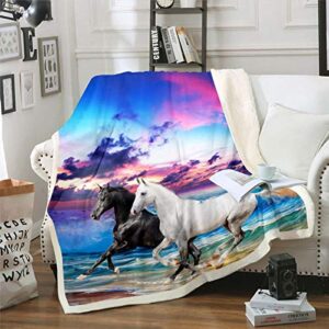 feelyou horse sherpa throw blanket ocean galloping horses design plush blanket black white wild animal fleece blanket for bed sofa couch chic sea sunset design fuzzy blanket soft decor queen 90″x90″