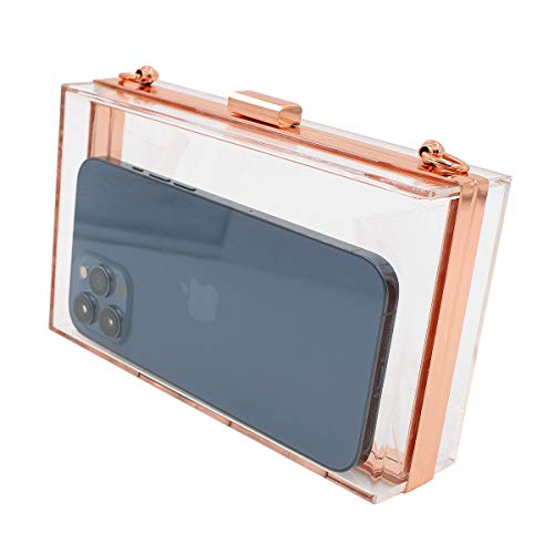 Premium Transparent Clear Acrylic Hard Box Clutch Bag Evening Shoulder Handbag, Rose Gold One Size