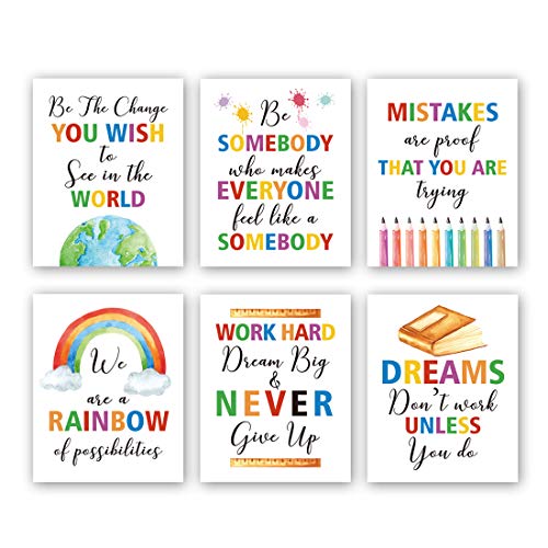 HPNIUB Colorful Words Art Prints, Set of 6 (8”X10”), Inspirational Quotes Motivational Saying Canvas Poster, Rainbow World Crayon Ink Splatters Wall Art for Nursery Classroom Kids Playroom, No Frame