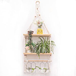 tenewee wall hanging shelves with hooks – 2 tier macrame boho floating plant photos storage rack wood shelf for bedroom living room bathroom