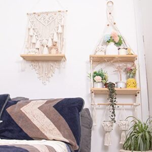 TENEWEE Wall Hanging Shelves with Hooks - 2 Tier Macrame Boho Floating Plant Photos Storage Rack Wood Shelf for Bedroom Living Room Bathroom