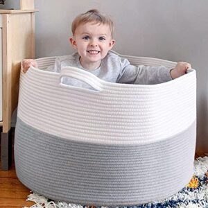 goodpick large basket 23.6″d x 14.2″h jumbo woven basket cotton rope basket baby laundry basket hamper with handles for cushions blanket and pillow stroage in living room toy bins