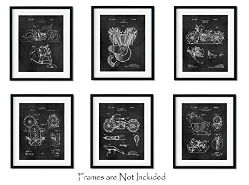 Motorcycle Patent Art Prints - Set of SIX 8"x10" - Wall Decor - Great Gift for Motorcycle Lovers - Chalkboard