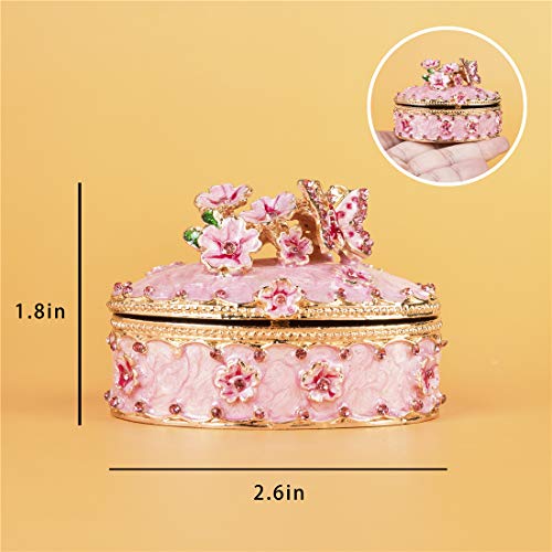 YU FENG Crystal Trinket Jewelry Boxes Hinged,Hand-Painted Pink Flower Butterfly Pattern Jeweled Box for Girls