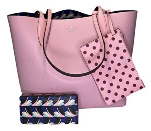 kate spade new york arch love birds large reversible tote bundled with matching large slim bifold wallet (pink/blue/geo birds)