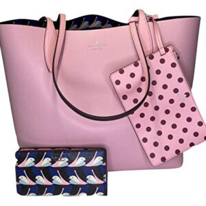 Kate Spade New York Arch Love Birds Large Reversible Tote bundled with matching Large Slim Bifold Wallet (Pink/Blue/Geo Birds)