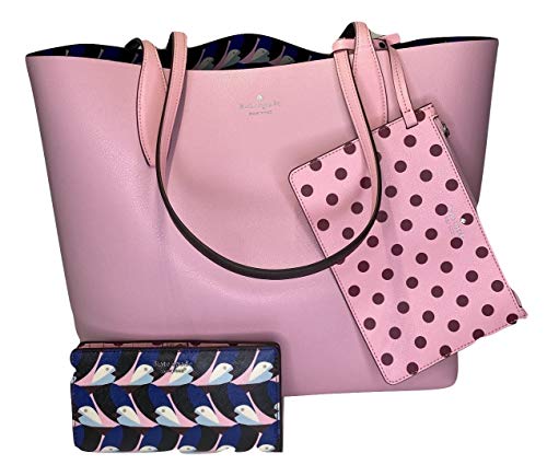 Kate Spade New York Arch Love Birds Large Reversible Tote bundled with matching Large Slim Bifold Wallet (Pink/Blue/Geo Birds)