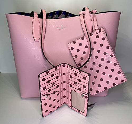 Kate Spade New York Arch Love Birds Large Reversible Tote bundled with matching Large Slim Bifold Wallet (Pink/Blue/Geo Birds)