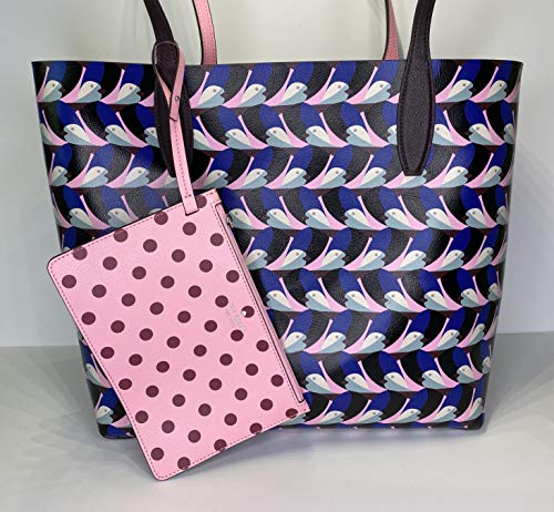 Kate Spade New York Arch Love Birds Large Reversible Tote bundled with matching Large Slim Bifold Wallet (Pink/Blue/Geo Birds)