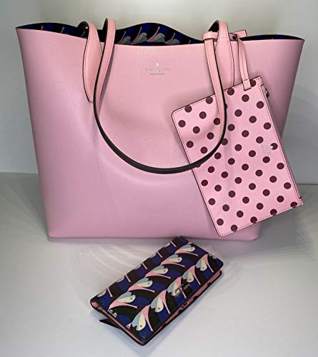 Kate Spade New York Arch Love Birds Large Reversible Tote bundled with matching Large Slim Bifold Wallet (Pink/Blue/Geo Birds)